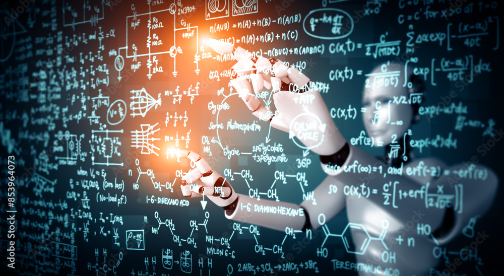 MLP 3d illustration AI humanoid robot touch screen of mathematics ...