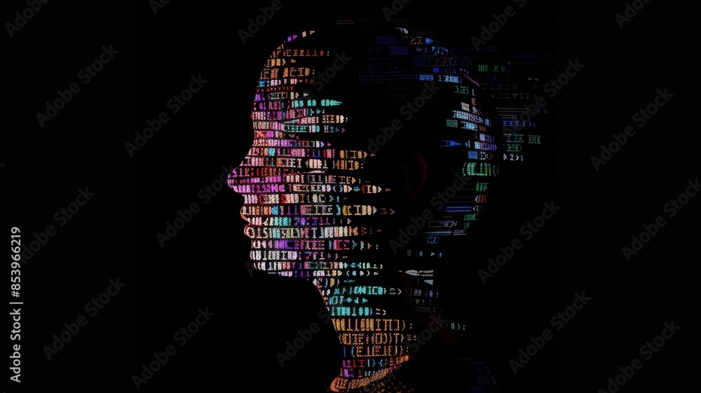 Profile silhouette of a person composed of computer code on a black ...