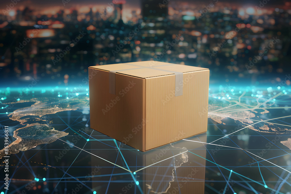 Online delivery concept, cardboard box on a digital connection network ...