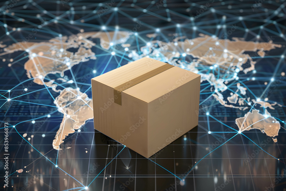 Online delivery concept, cardboard box on a digital connection network ...