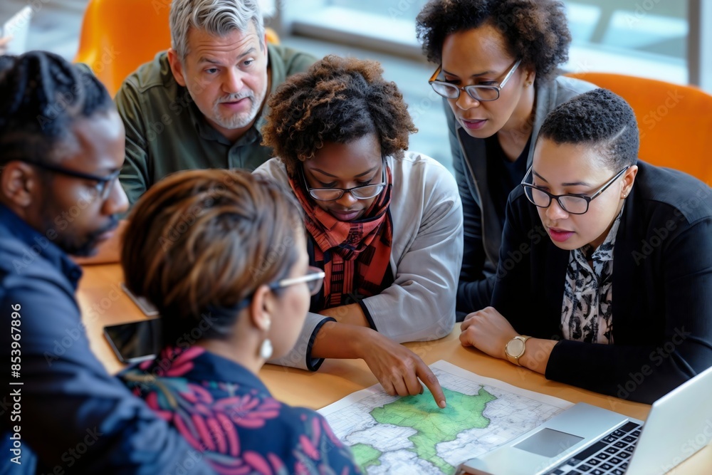 Diverse group of college faculty staff working together to solve big ...