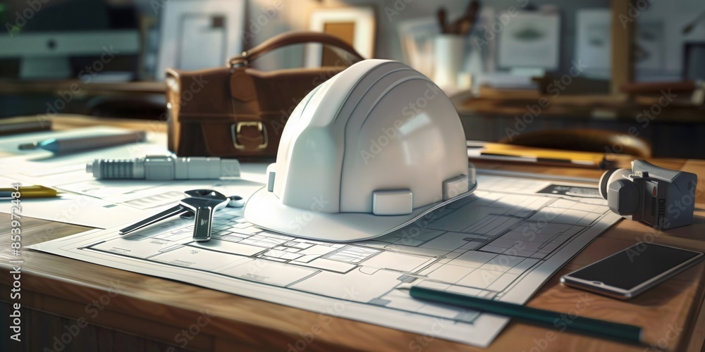 Architect desk safety gear white hard hat on construction blueprint ...
