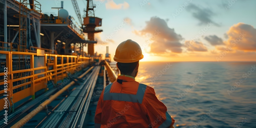 Man in safety gear and hard hat on offshore oil rig. Concept Offshore ...
