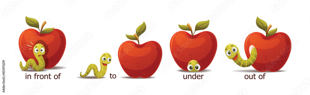 Red Apple with Green Worm as English Preposition Words Vector Set Stock ...