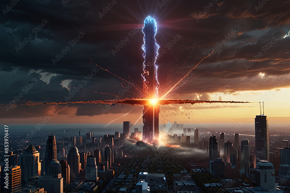 X-ray laser beam descends from the sky, destroying a city. Dramatic ...