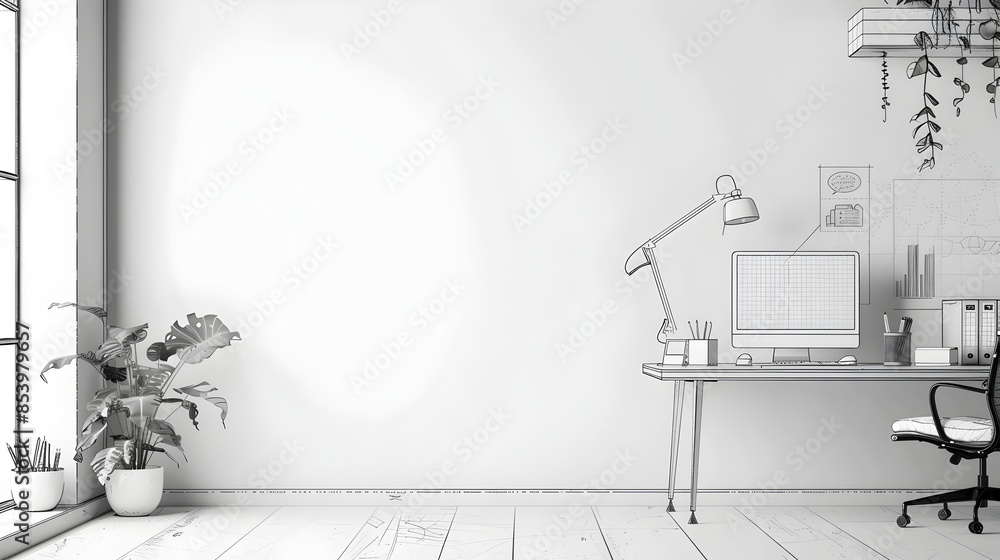 Minimalist Monochrome Desk Setup with Architectural Doodle Border ...