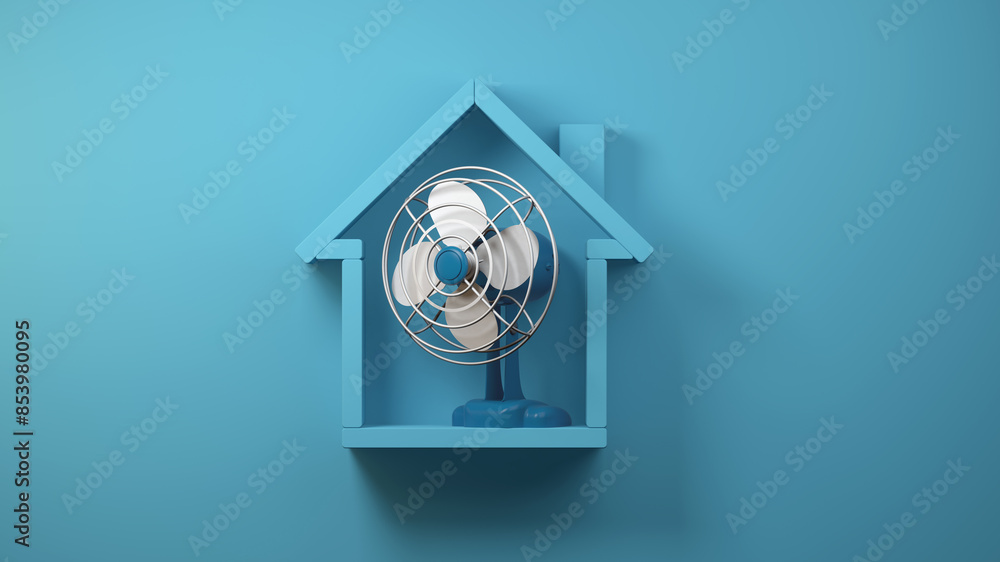 Desktop fan inside house staying cool, beating the heat concept. 3d ...