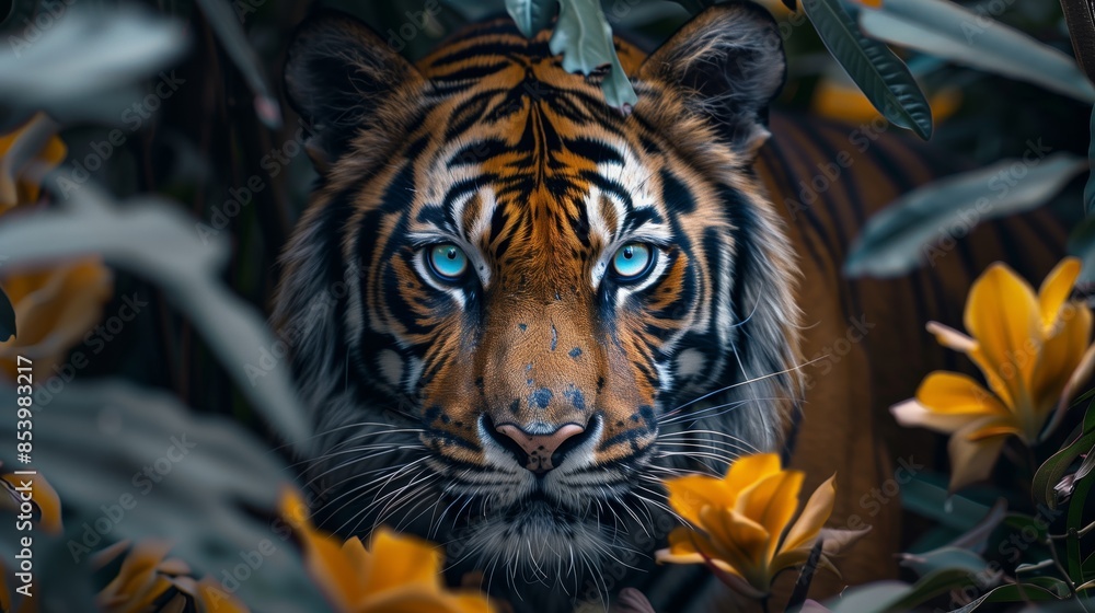 A tiger with blue eyes in the jungle, hyper realistic in style with a ...