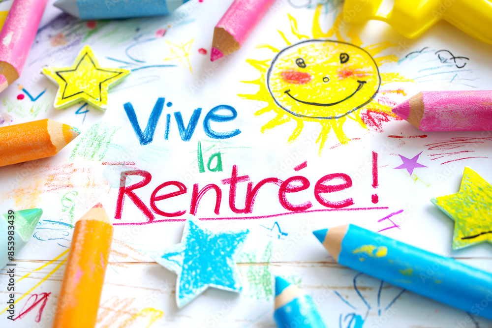 ภาพประกอบสต็อก Texte "Vive la Rentrée" dessiné aux crayons de couleurs ...