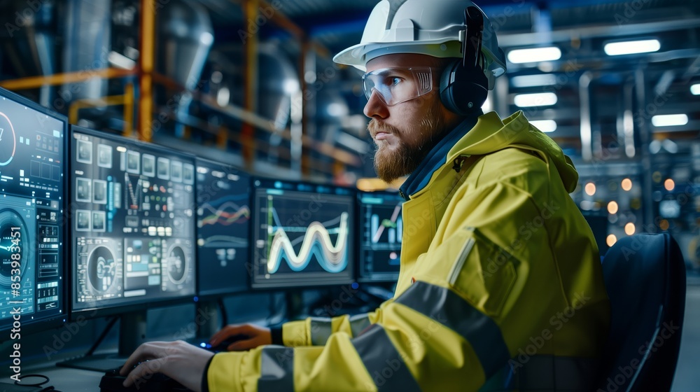 Futuristic digital control room with an industrial worker wearing a ...