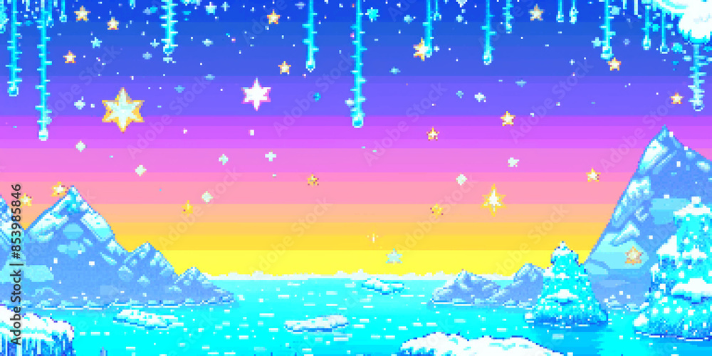 pixel art, 8-bit, screenshot of an ice and snow world with white stars ...