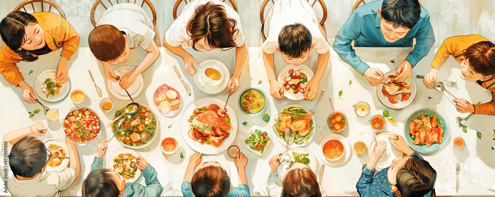A family hosting a multicultural potluck dinner, with dishes ...