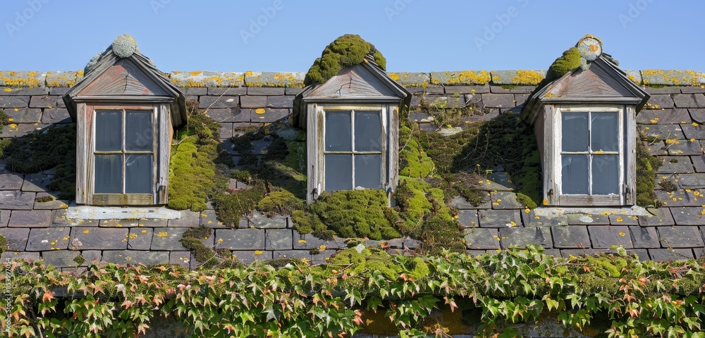 Historic roof with moss and ivy growth around dormer windows, creating ...