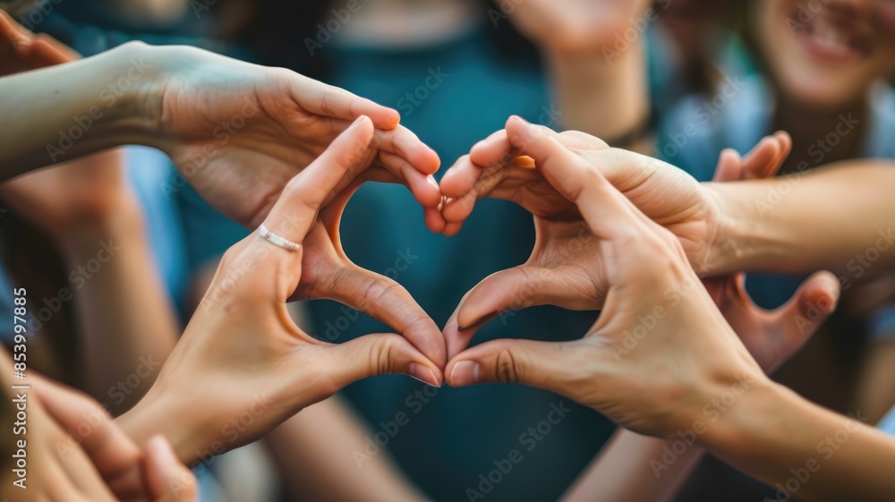 Hands forming a heart shape in an outdoor setting. Close up of happy ...