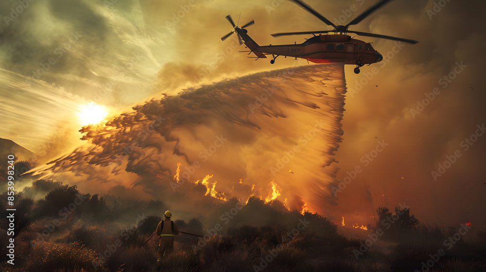 A dramatic scene of a wildfire with a firefighter and a helicopter in ...