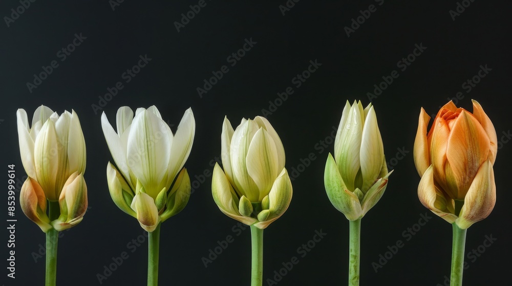 Five flower buds in various stages of development are shown against a ...