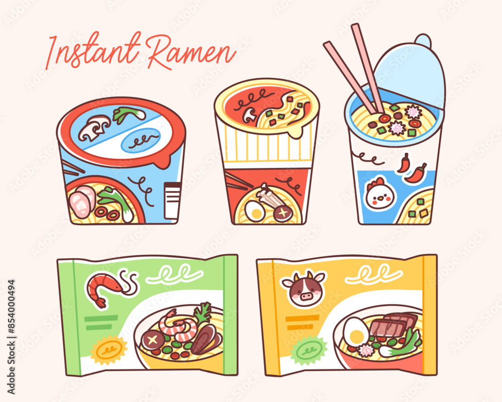 Instant noodles in colorful packaging. Vector illustration of ramen ...