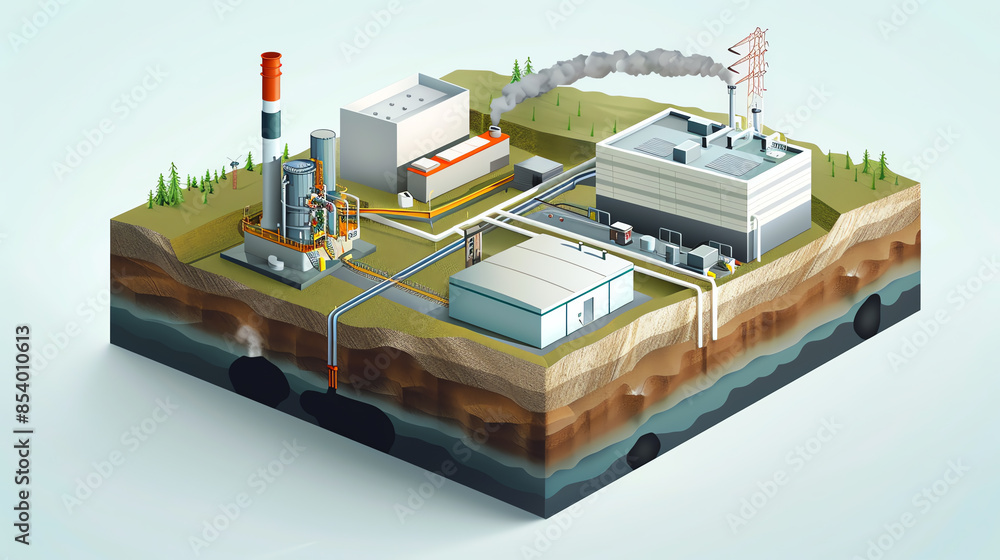 Crosssectional illustration of a geothermal power plant, showing the ...
