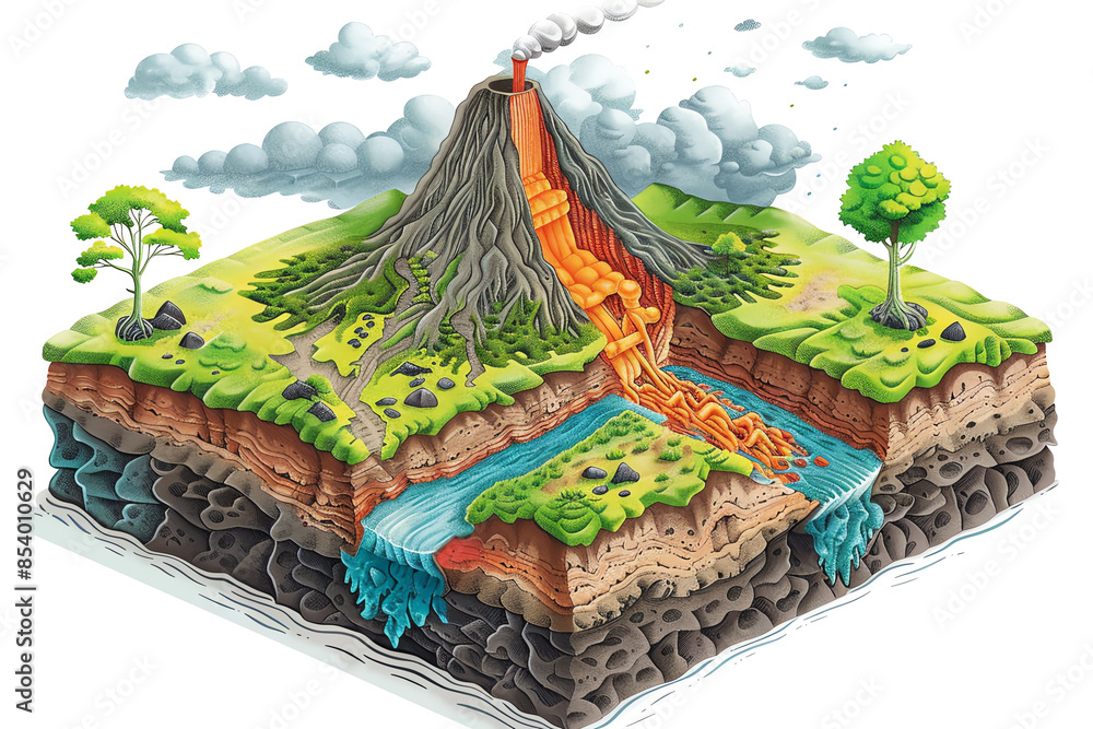 Crosssectional illustration of a volcanic island, showing the magma ...
