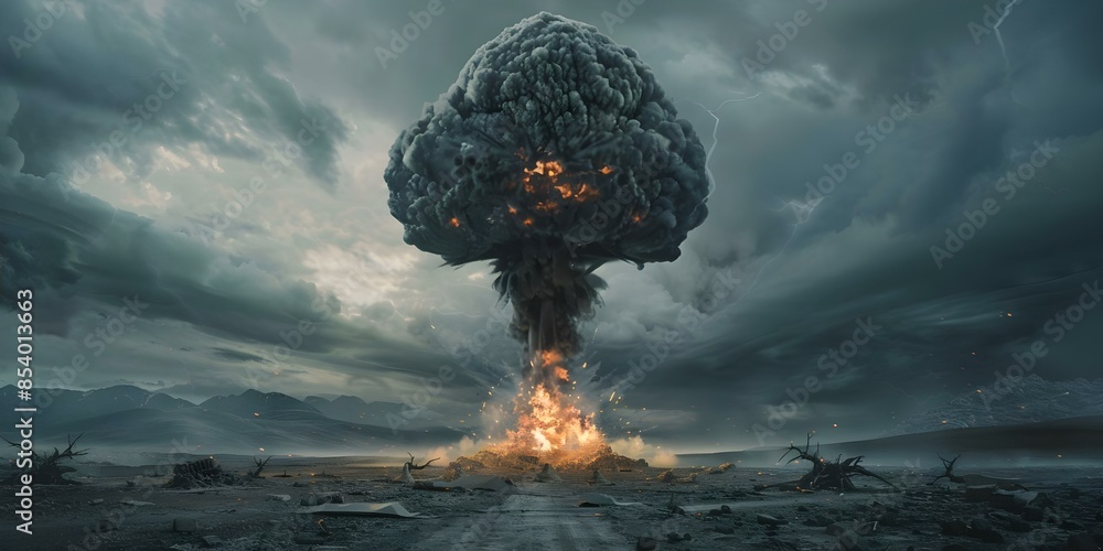 Nuclear bomb explosion creates mushroom cloud in apocalyptic scene of ...