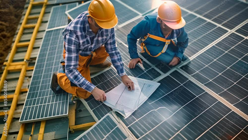 Holding hands top view of Architectural engineers working on solar ...