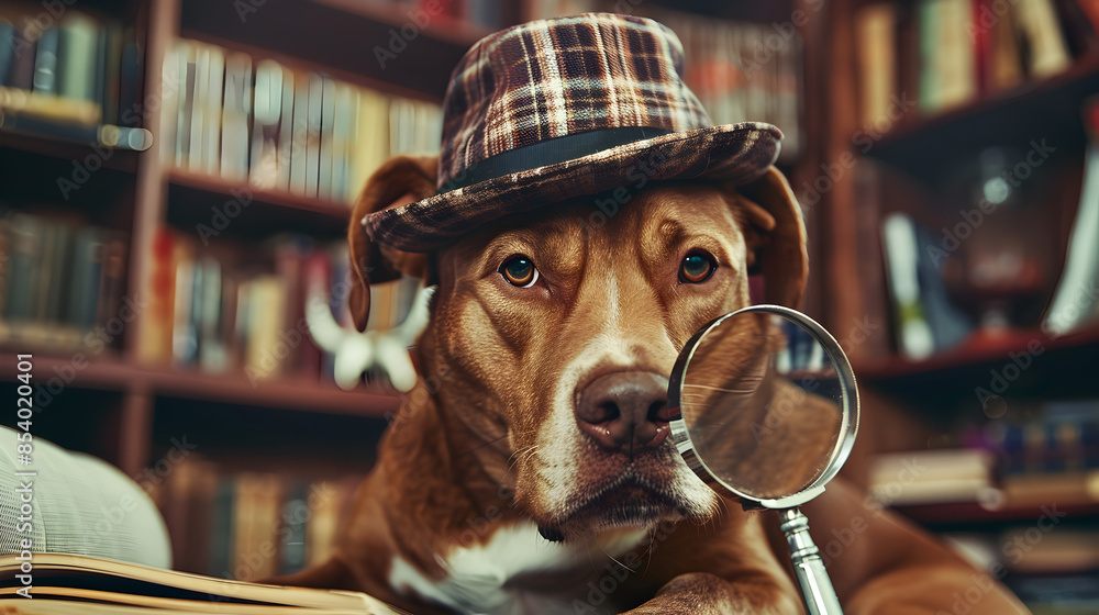 Dog detective solving a mystery with a magnifying glass and Sherlock ...