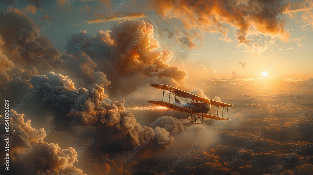 Vintage biplane flying through dramatic clouds during a beautiful ...