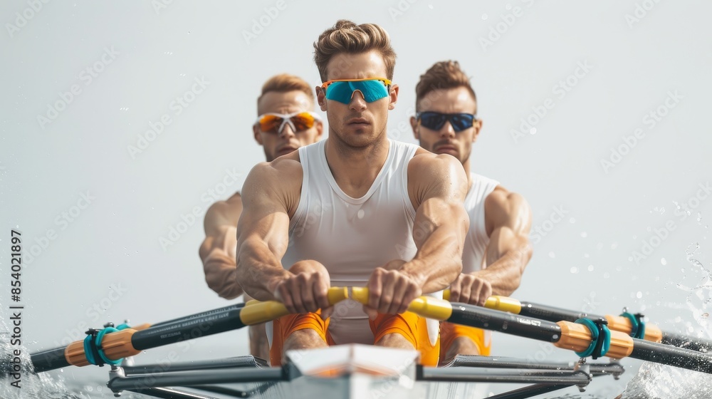 Three men row in a competitive rowing team, demonstrating unity ...