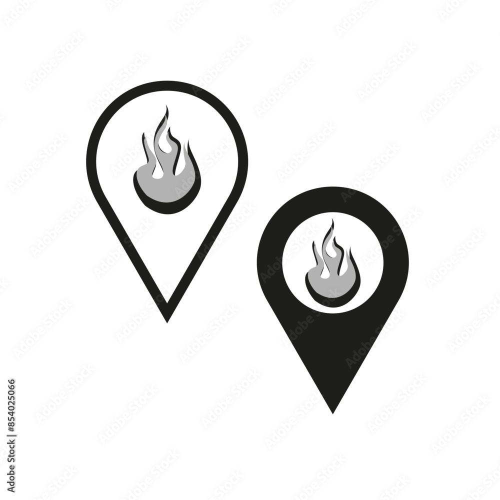 Fire location icons. Map pin symbols. Flame vector design. Simple black ...