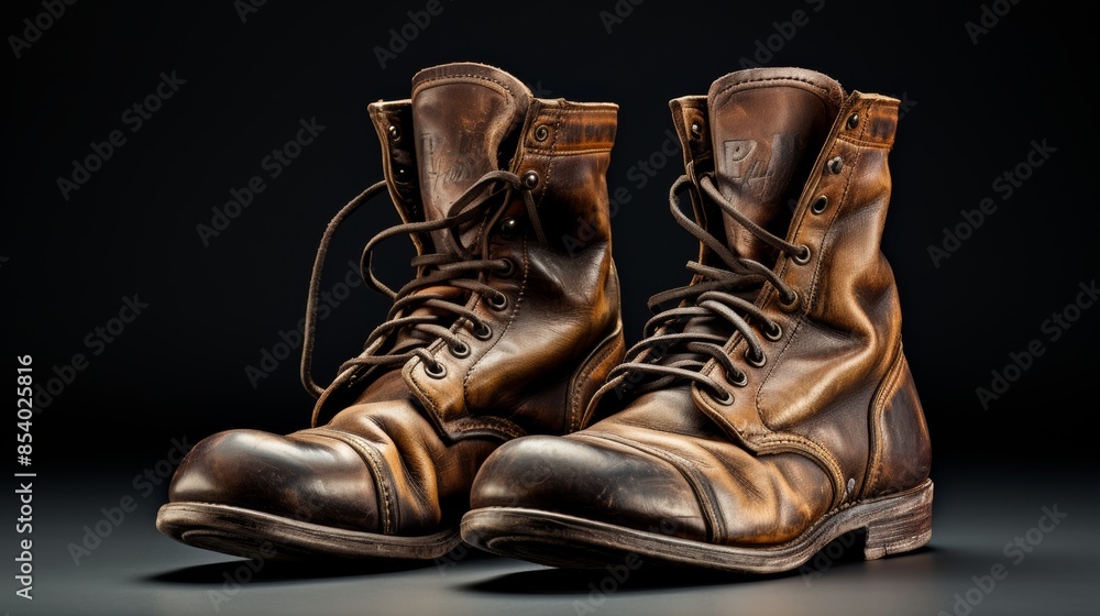 pair of worn leather boots standing side by side, their laces untied ...