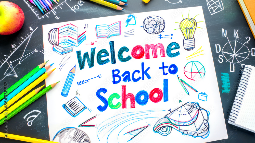 Colorful "Welcome Back to School" sign surrounded by school supplies ...