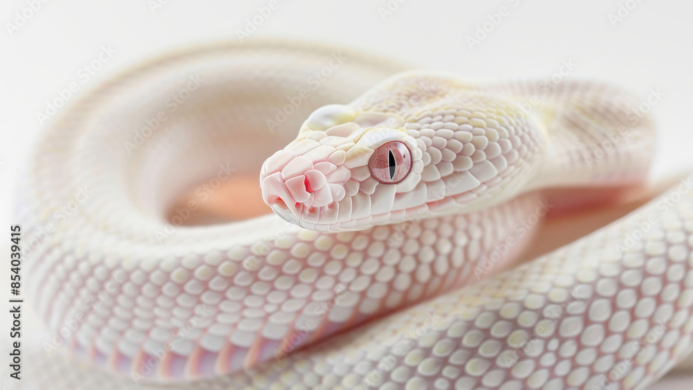 A rare albino snake with striking white and pale scales, coiled ...