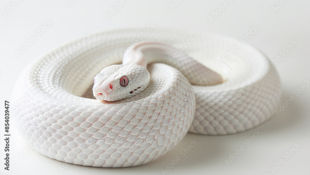 A rare albino snake with striking white and pale scales, coiled ...