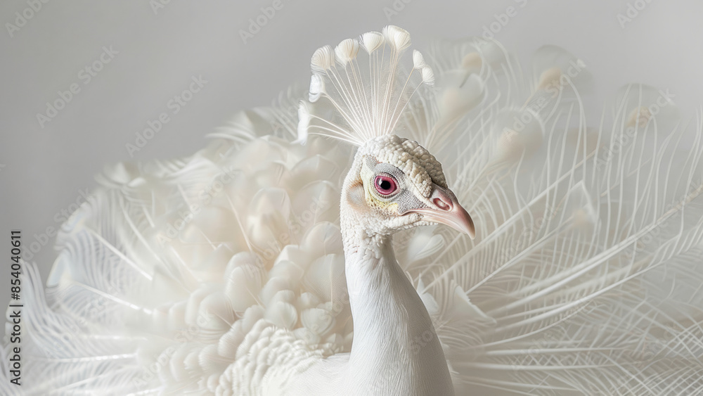 A Rare Albino Peacock With Striking White And Pale Plumage Fanning Its