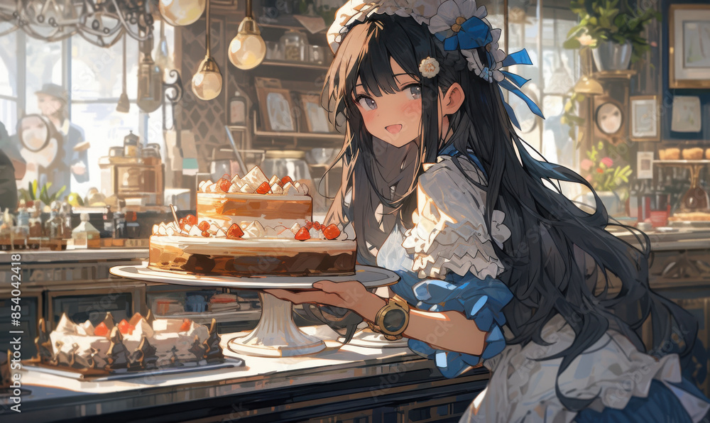 Classic anime art style of a super attractive young female baking a ...