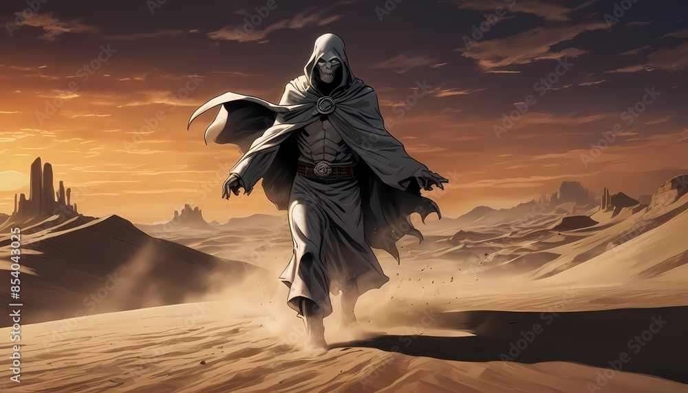Desert ghost, sunrise in the desert, the black figure of a ghost on the ...