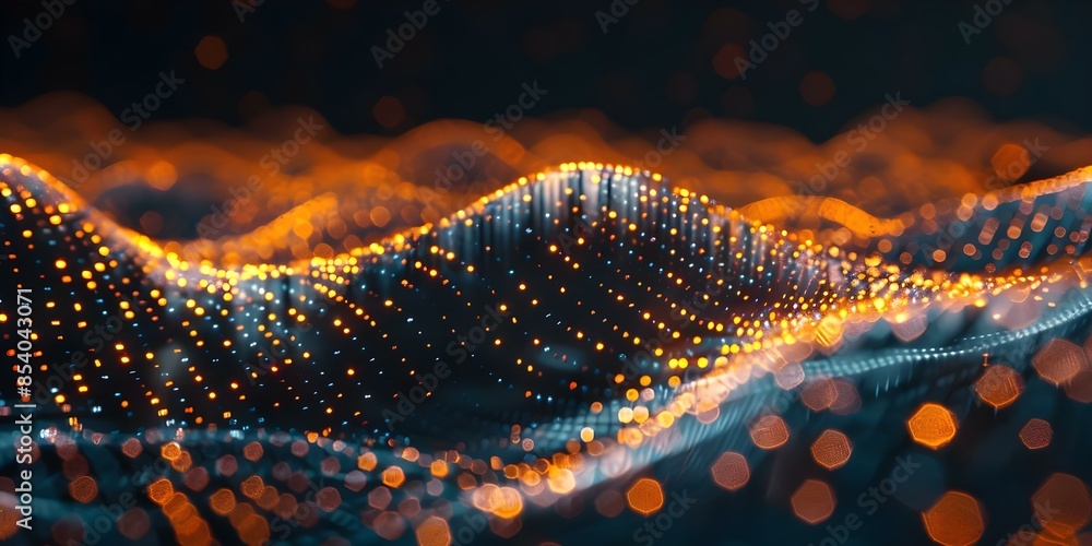 Abstract black background with floating analog and digital waveforms signal processing. Concept ...