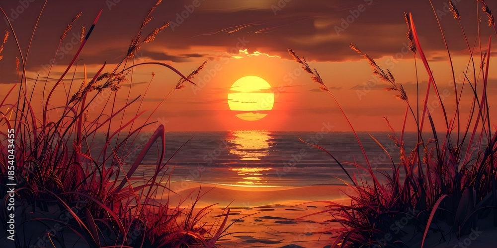 Cartoon sunset illustration depicting beach with sinking sun end of day ...
