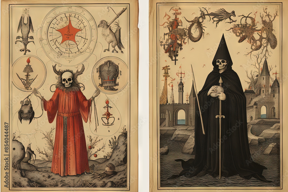 Medieval styled occult art card with skeleton monster. Ancient middle ...