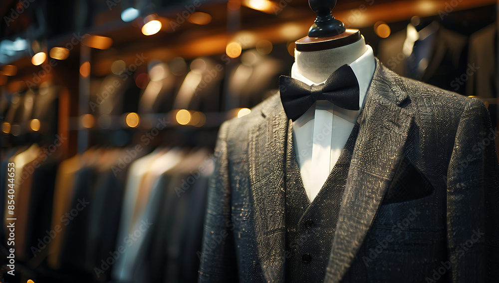 A suit on display in the shop, with bow ties and tuxedos behind it. The ...