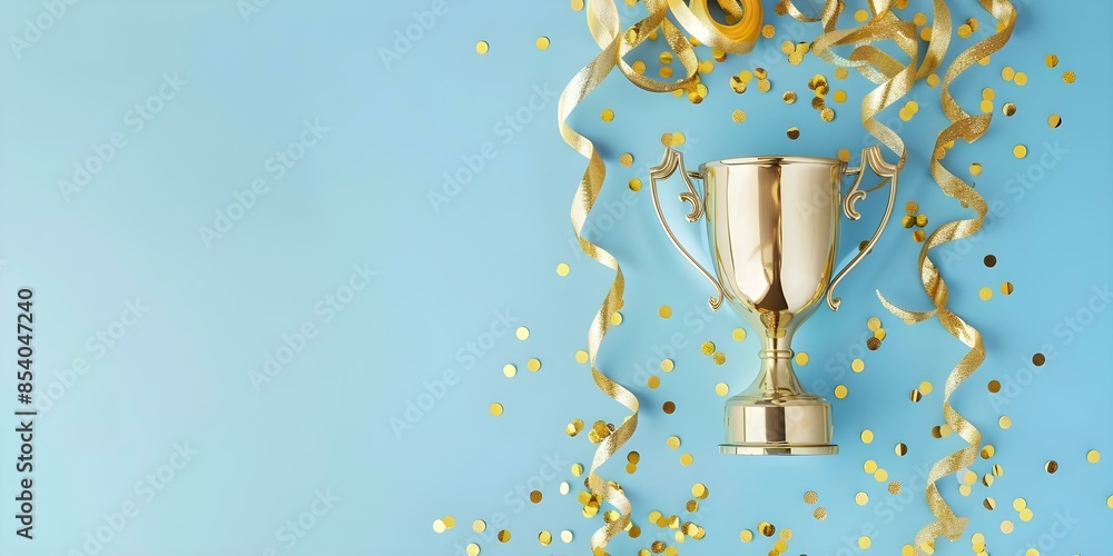Gold trophy streamers on blue background for business competition ...