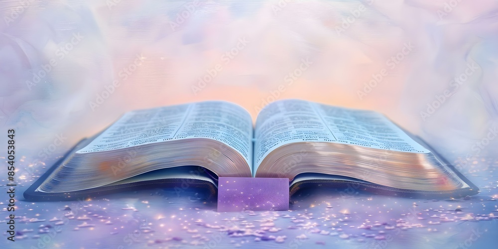 Watercolor-style illustration of an open Bible with a purple bookmark ...