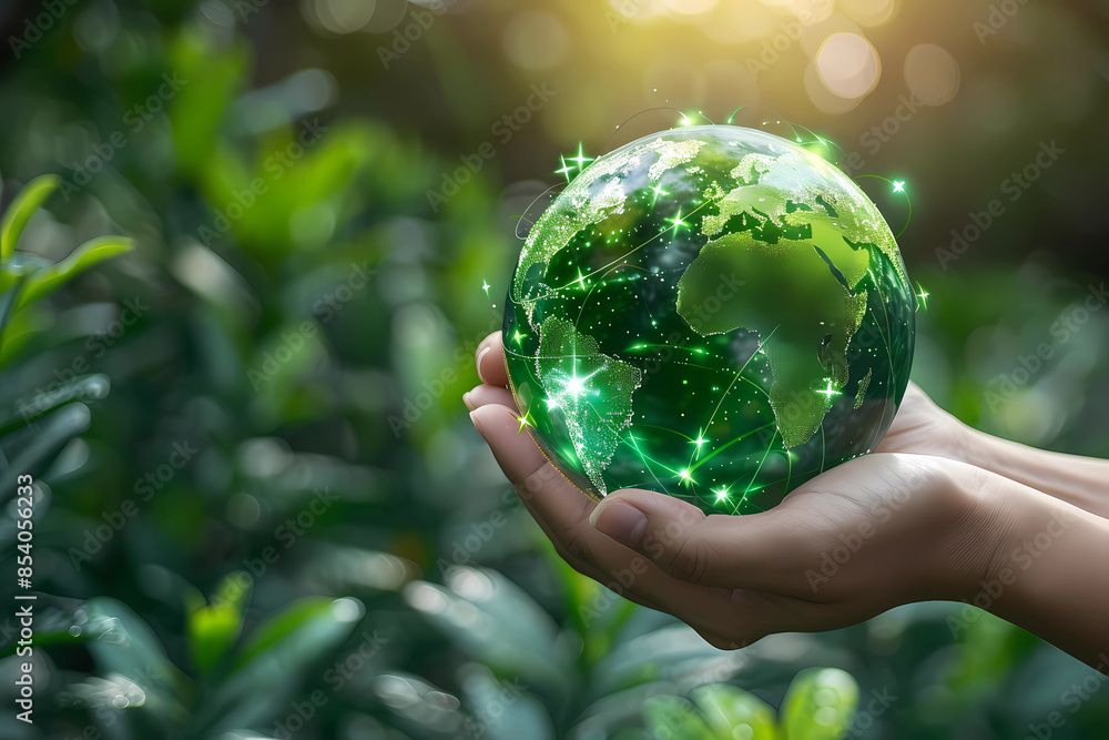 Sustainable Development concept: hands holding a green globe ...