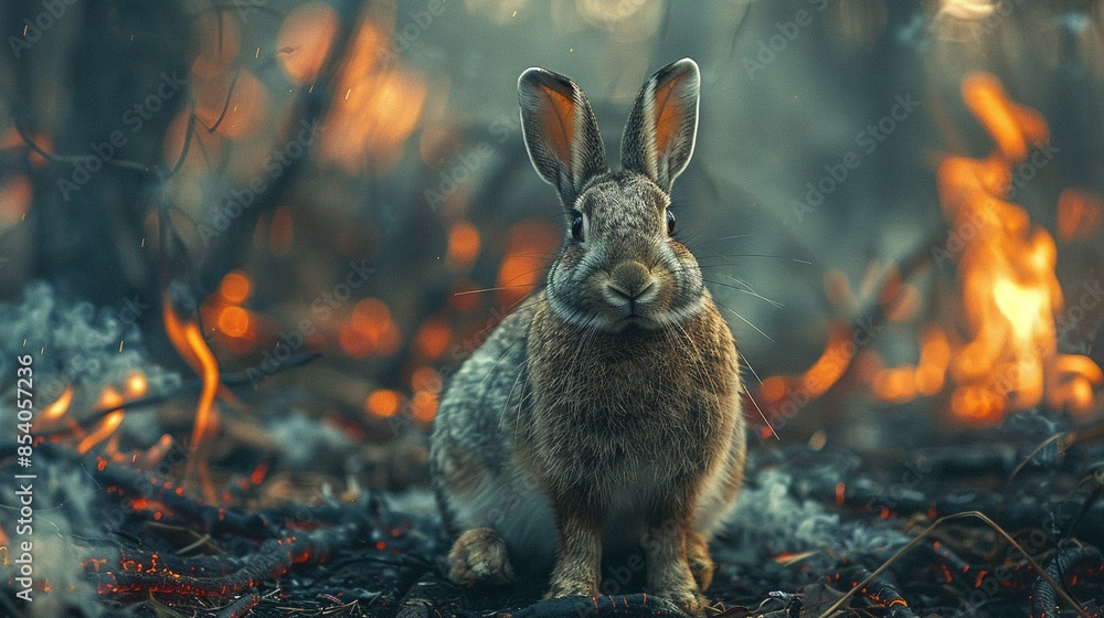 Alert rabbit in a scorched woodland area, surrounded by smoldering ...
