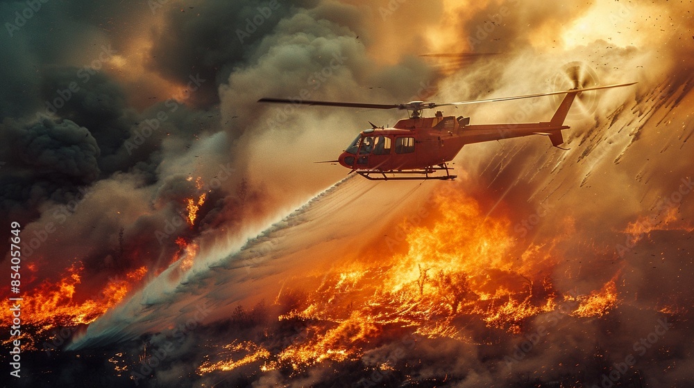 Firefighting helicopter in action, releasing water over a burning ...