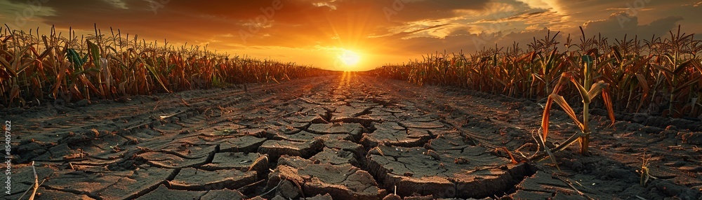 Sunset over a droughtstricken cornfield with cracked soil and fallen ...