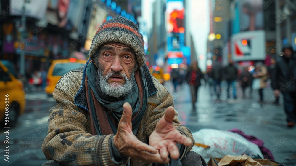 A homeless man sits on a city street, his clothes tattered and worn ...