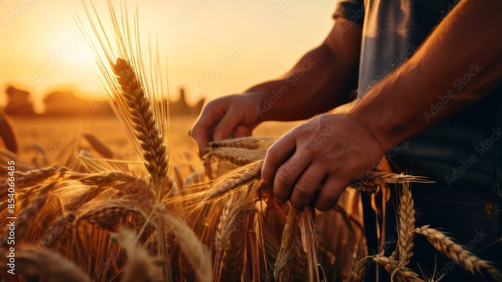 A close-up of a man's hands picking a few stalks of wheat in a field ...