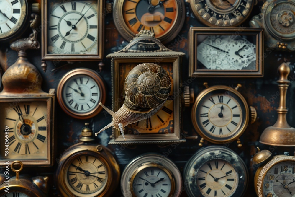 Snail navigating an intricate display of vintage clocks, illustrating ... Snail navigating an intricate display of vintage clocks, illustrating ...