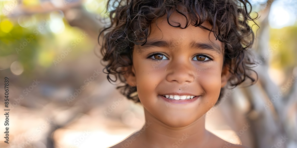 Indigenous Australian boy 10 with curly black hair smiling proudly at ...